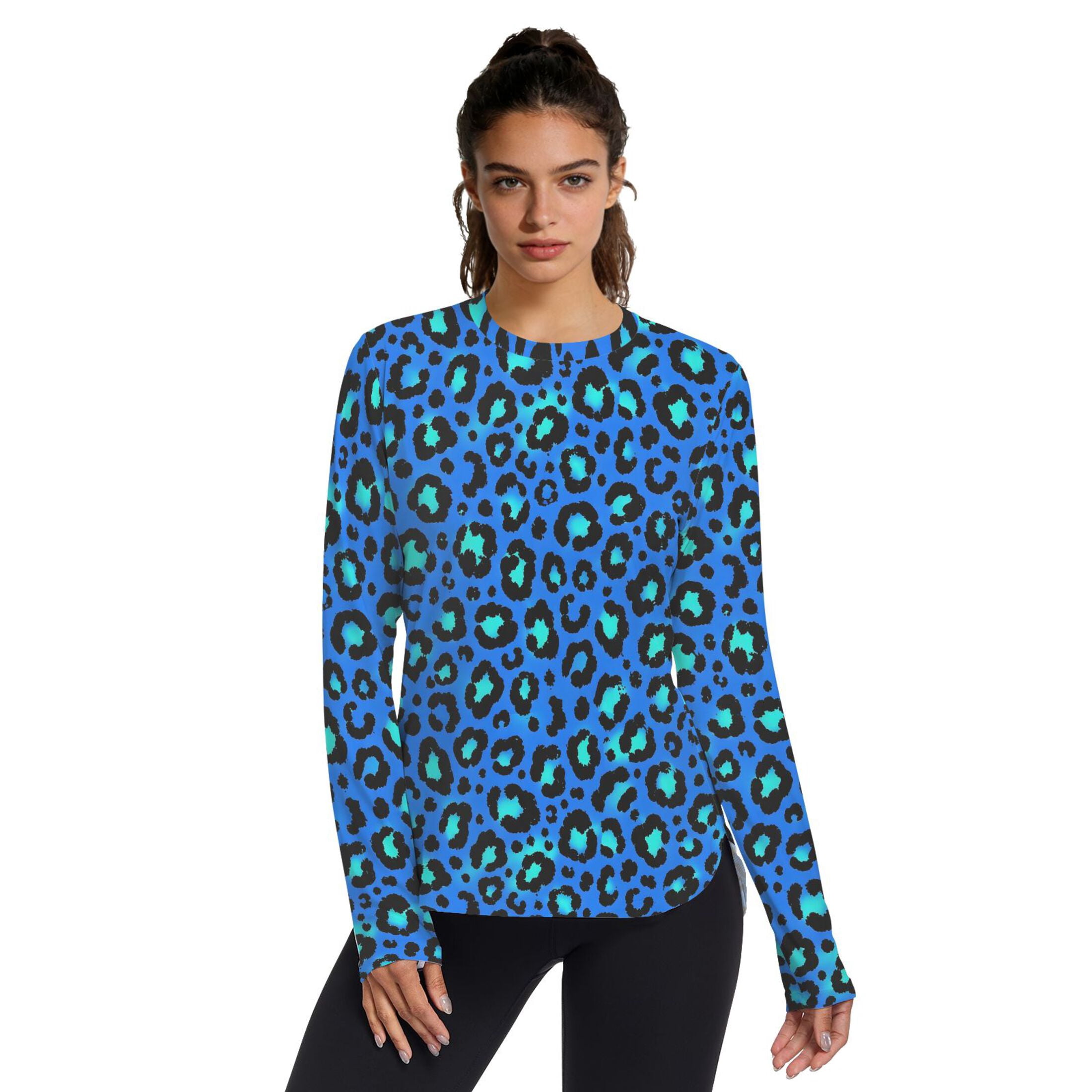 Blue Leopard Print Women UPF 50+ UV Shirts Long Sleeve with Thumb Holes ...