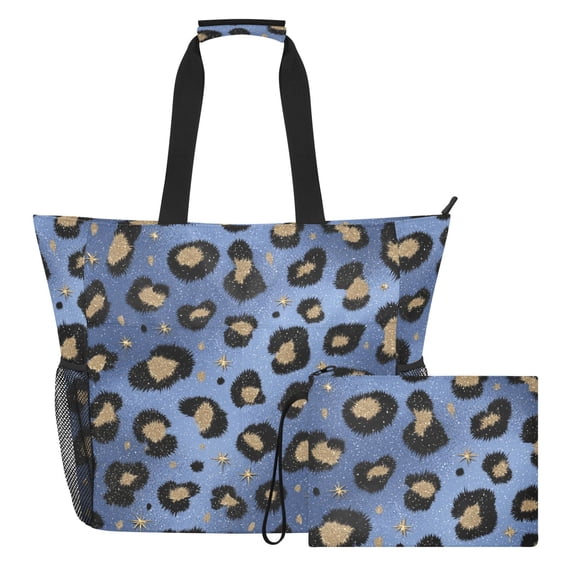 Blue Leopard Print with Gold Stars Beach Bag Travel Tote Bag Reusable ...