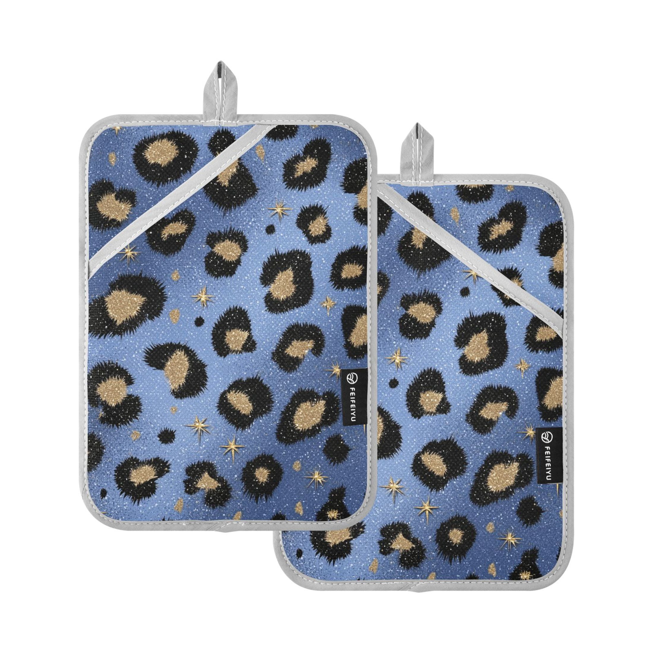 Blue Leopard Print with Gold Stars Pot Holder Heat Resistant Mat Oven ...