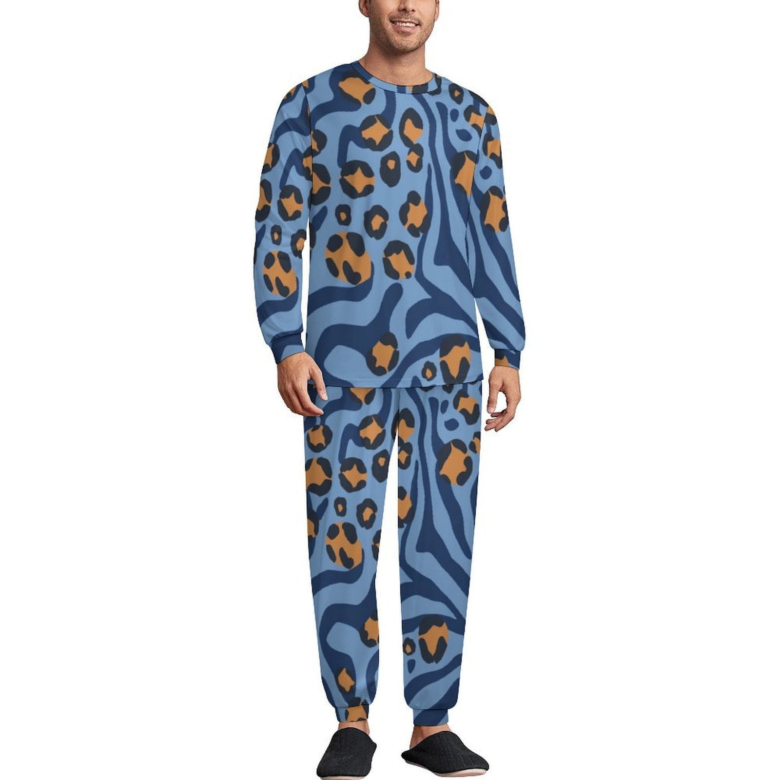 Blue Leopard Stripes Pajamas Long Sleeves 2 Pieces Room Pajama Sets ...