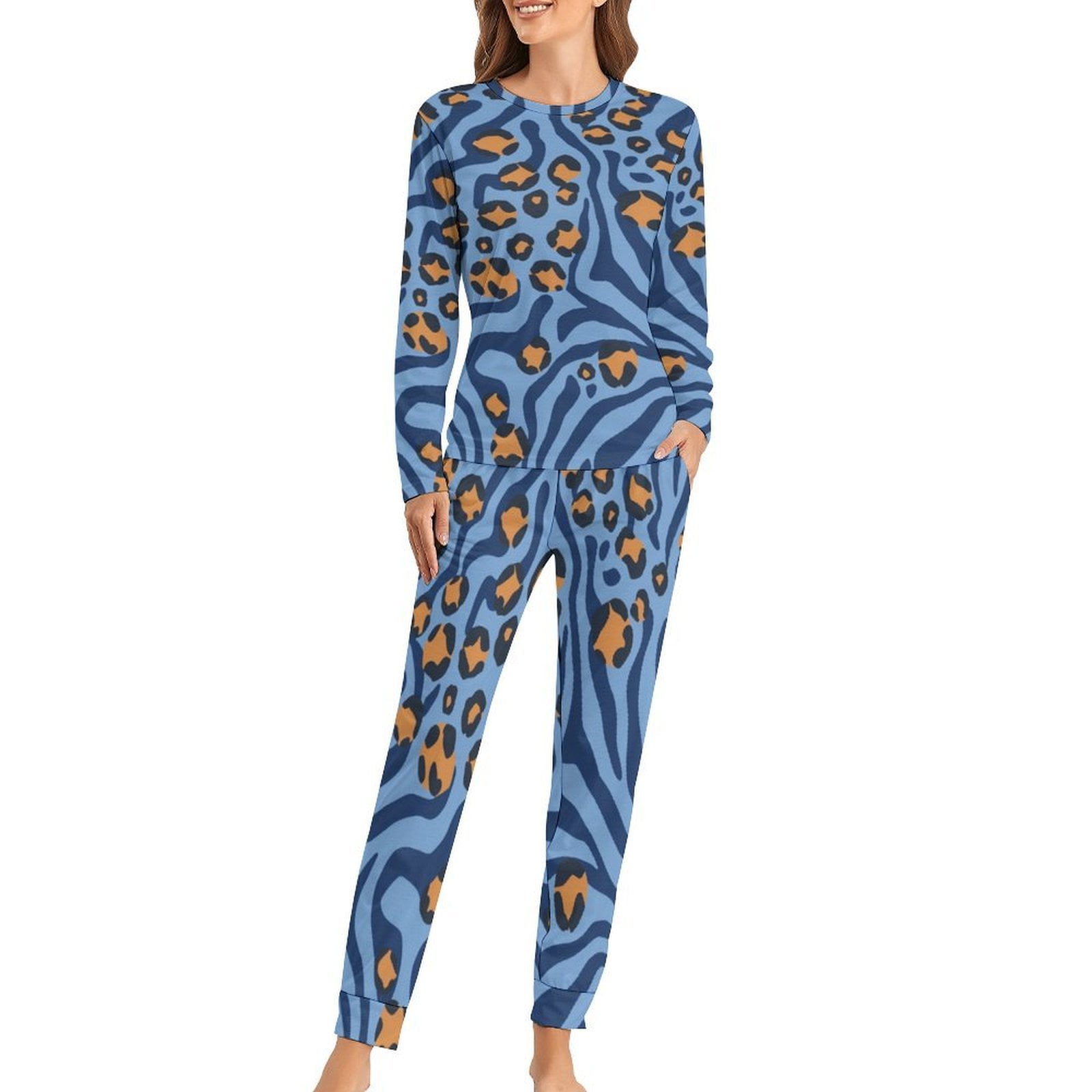 Blue Leopard Stripes Pajamas Woman Two Piece Design Long Sleeves ...