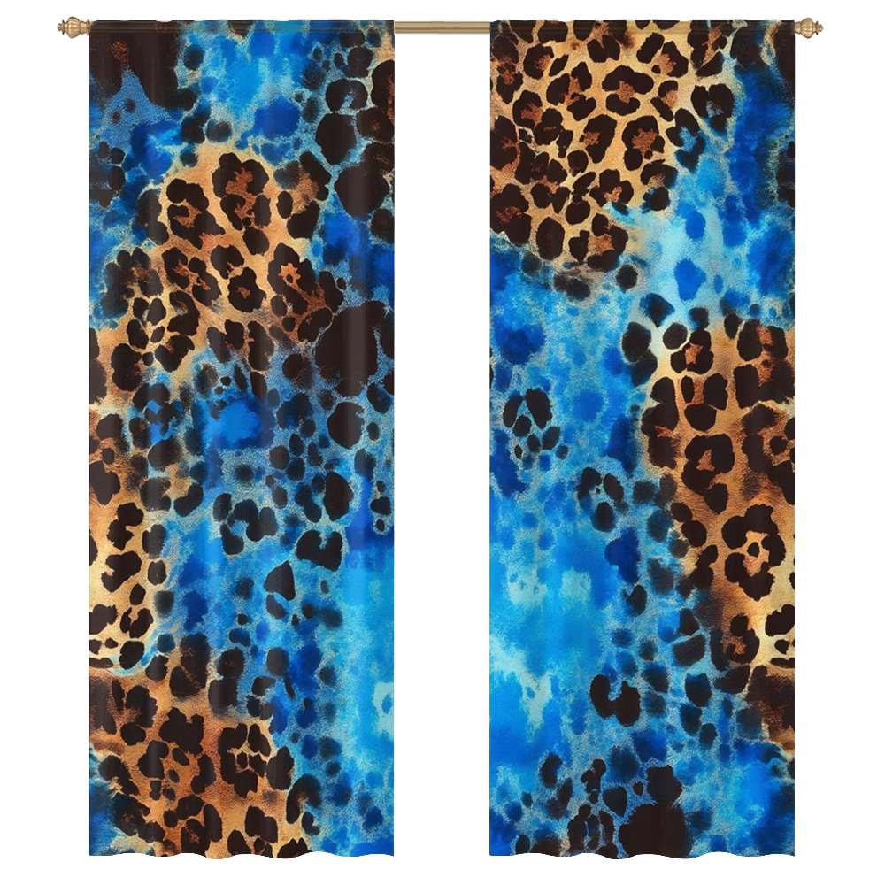 Blue Leopard Watercolor Print Fabric Tulle Curtains For Living Room ...