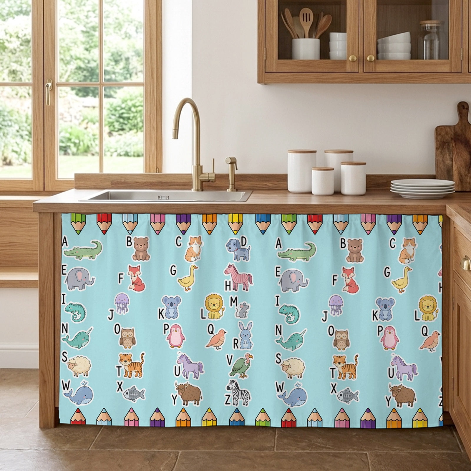 Blue Letter Animals Cabinet Curtains 28" W x 51" L Colored Pencils Dag ...