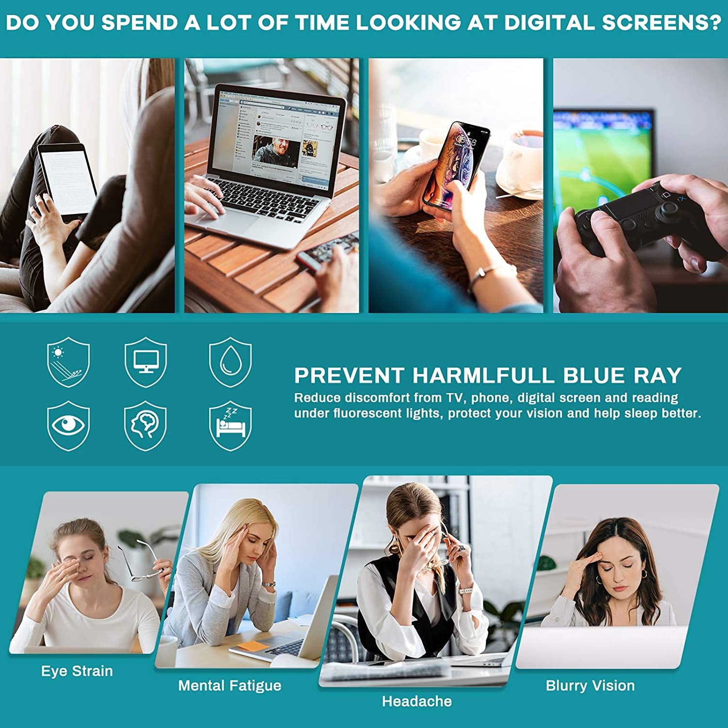 Blue Light Blocking Glasses - 6 Pack Fashion Square Fake Eyeglasses ...