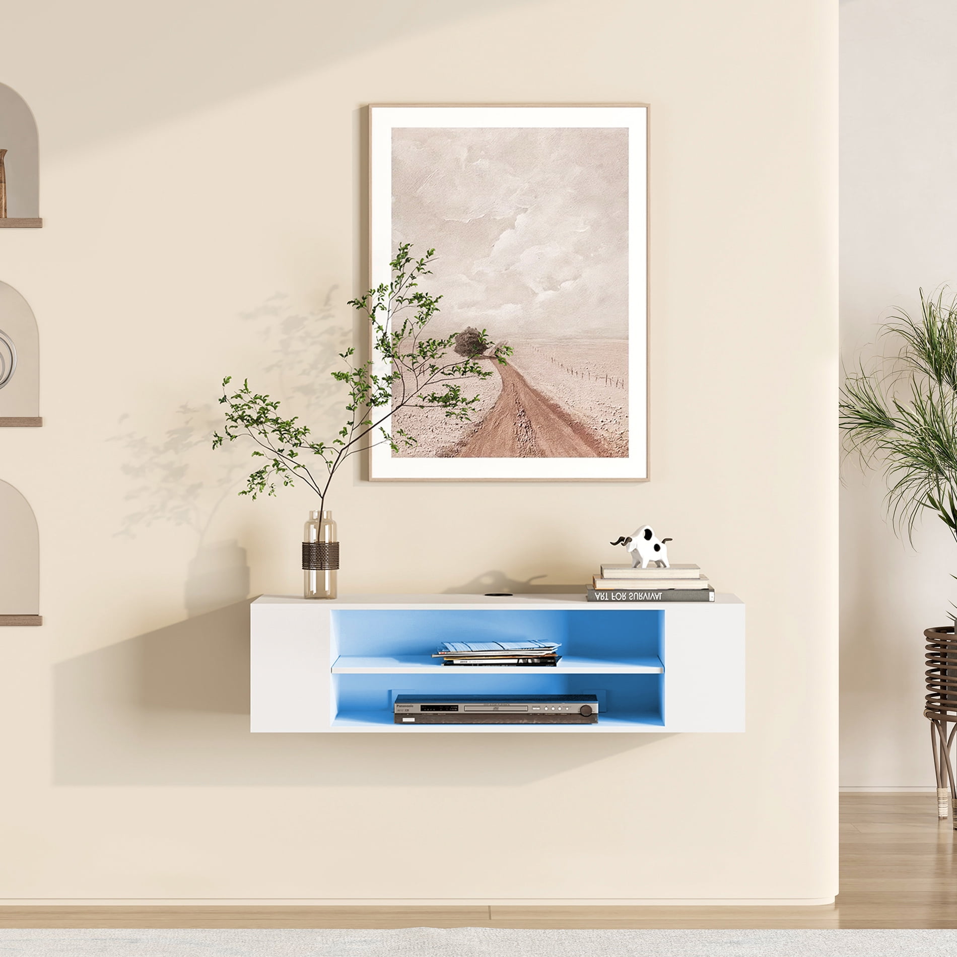 Floating TV Stand Wall Mounted - Modern Media Storage Shelves - White ...