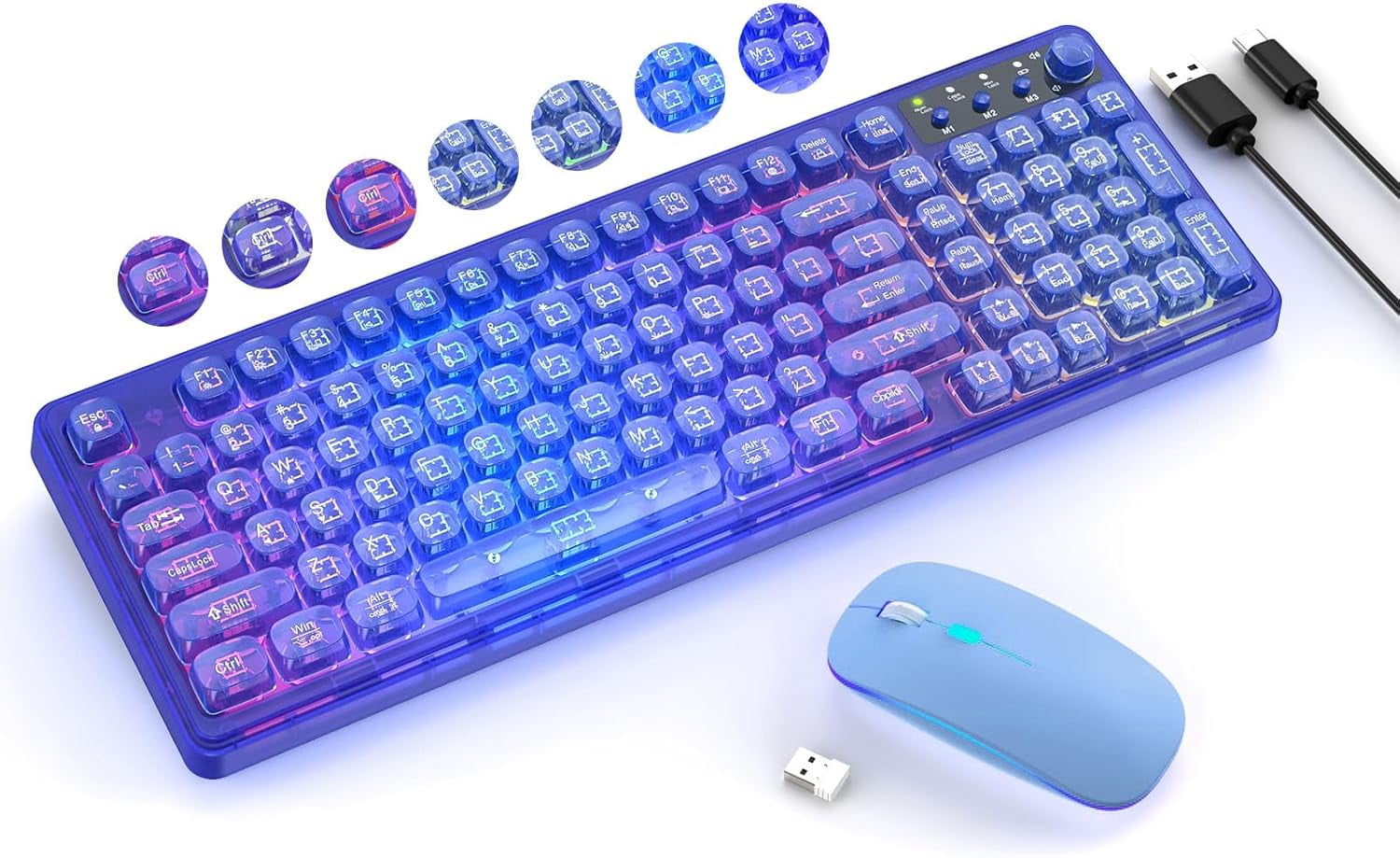 Blue Light Up Keyboard and Mouse Wireless,Cute 2.4Ghz Cordless ...