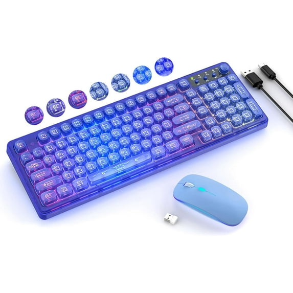 Blue Light Up Keyboard and Mouse Wireless,Cute 2.4Ghz Cordless ...