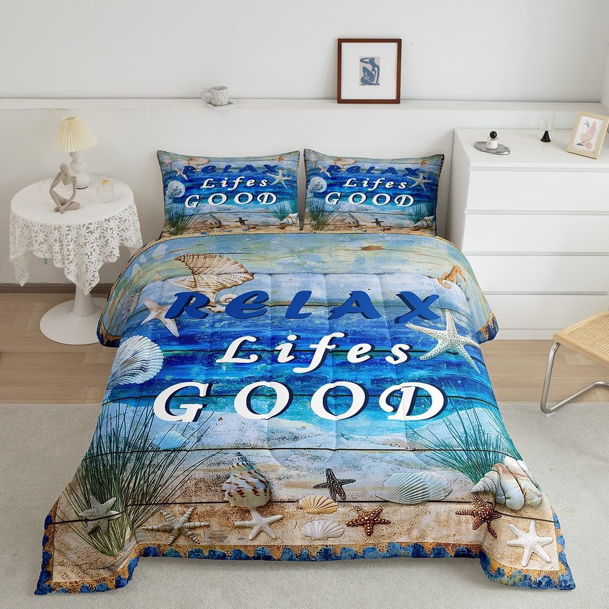 Blue Lighthouse Comforter Set Watercolor Sea Beach Starfish Shell ...