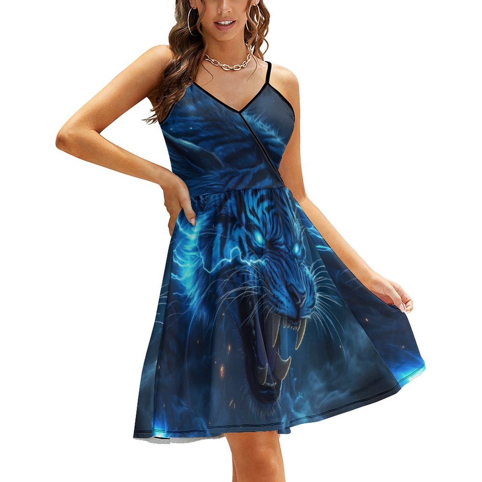 Blue Lightning Tiger Women's Sundress Cami Mini Dress Sleeveless ...
