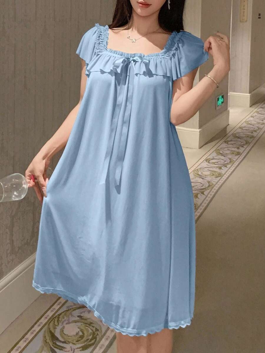 Blue Lightweight Ruffled Square Neck Sleep Dress With Tie Front, Knee ...
