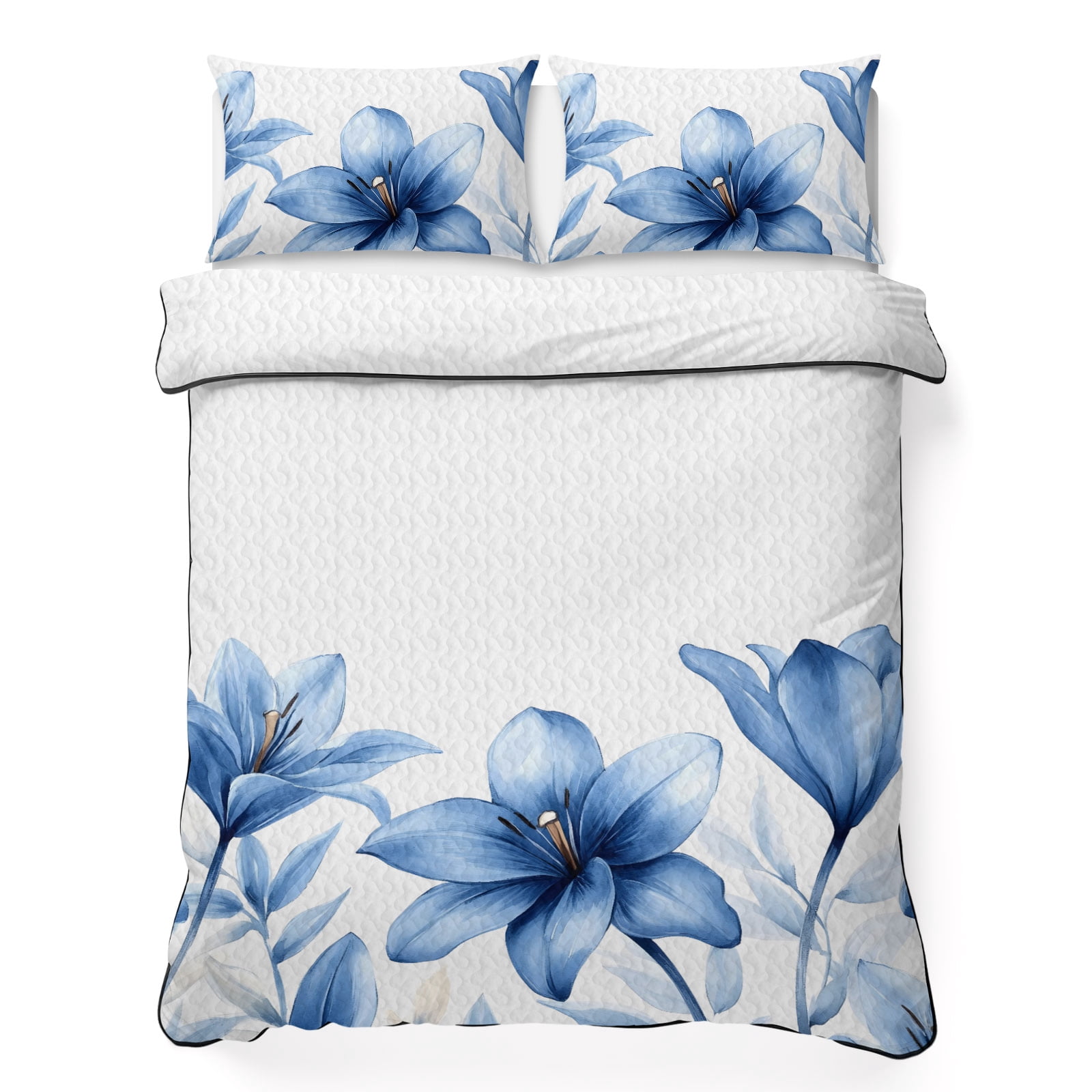 Blue Lily Flowers 3 Piece Quilt Bedding Set with 2 Pillow Shams ...