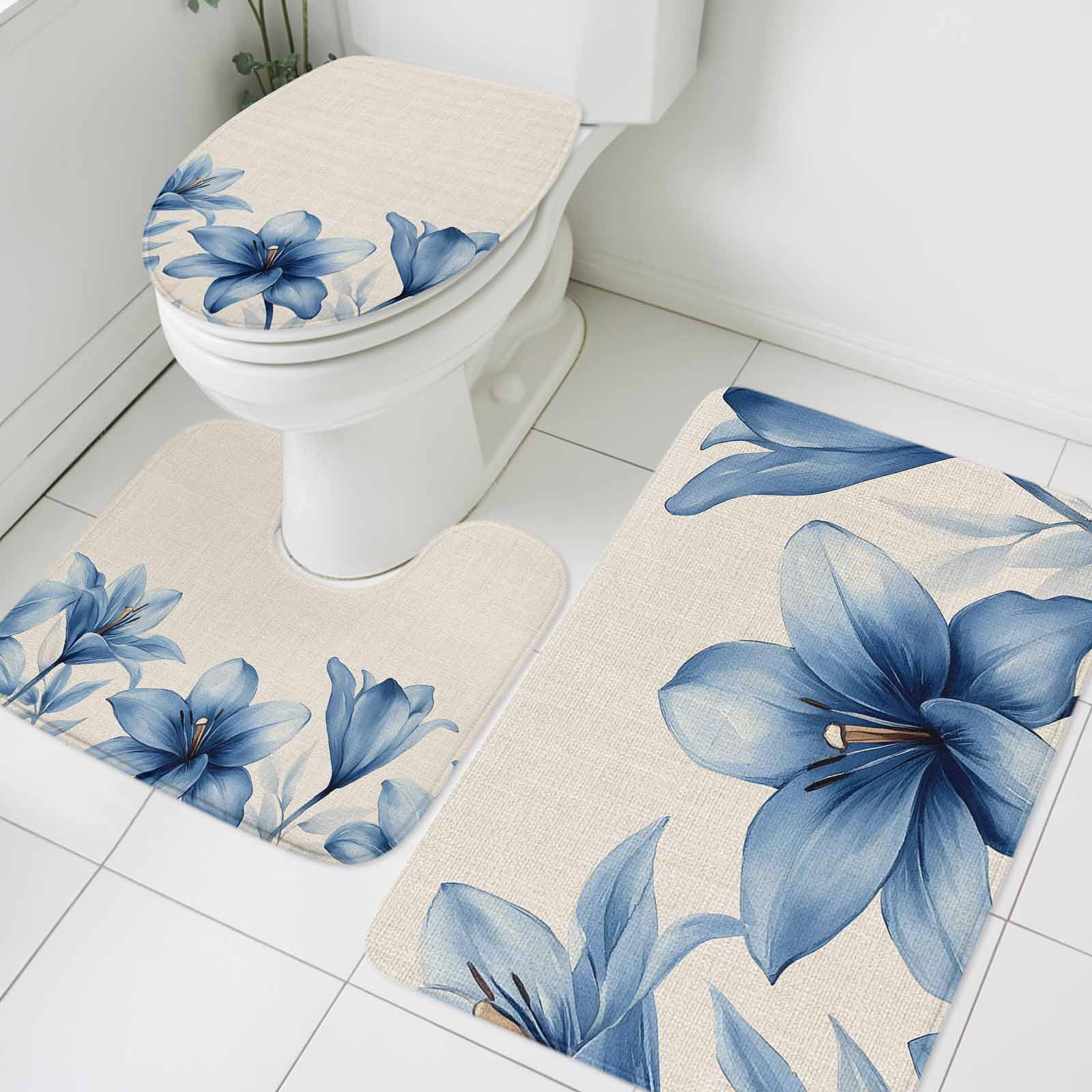 Blue Lily Flowers Bathroom Rugs Set Watercolor Spring Floral Non Slip ...