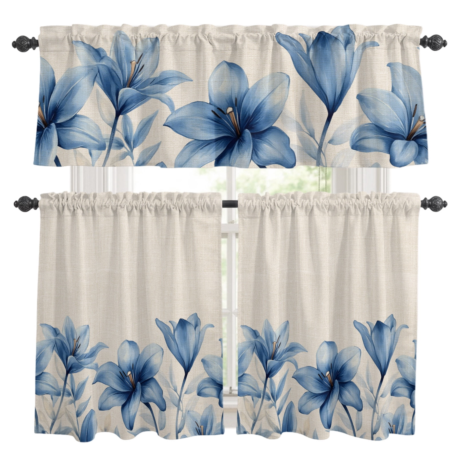 Blue Lily Flowers Kitchen Curtains Set for Windows, Watercolor Spring ...