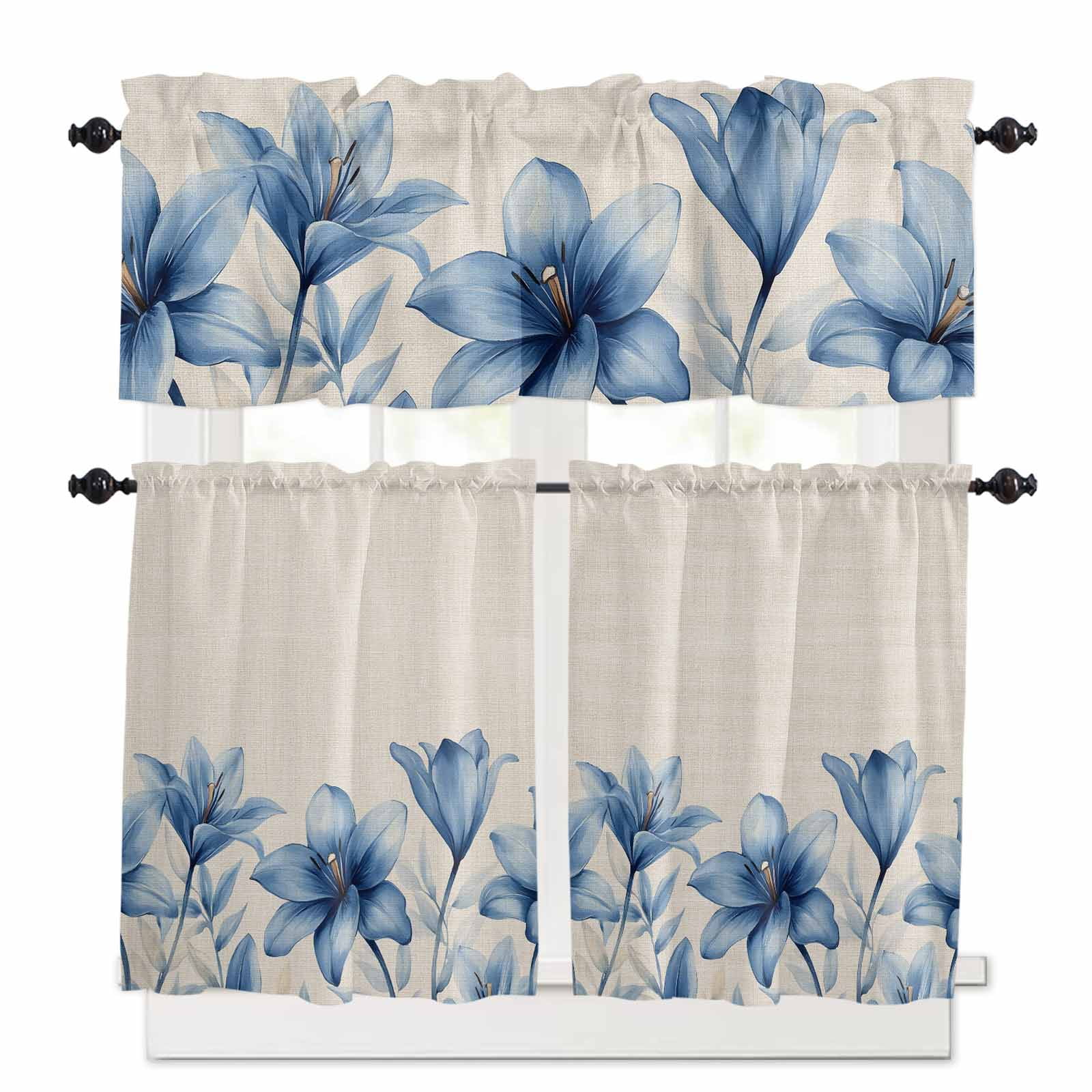 Blue Lily Flowers Kitchen Curtains Valances and Tiers Set of 3 ...