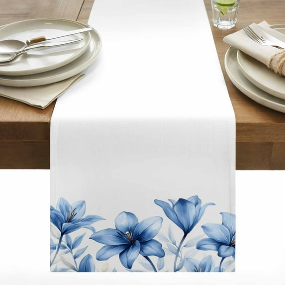 Blue Lily Flowers Table Runner 13x120 inch Watercolor Spring Floral ...