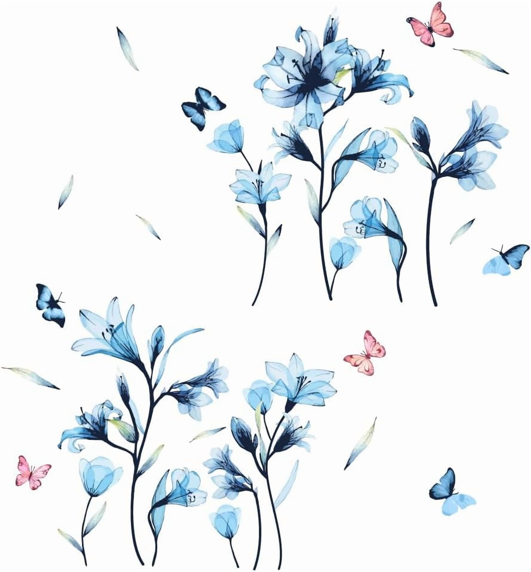 Blue Lily Wall Stickers Floral Butterflies Vinyl Decal Bedroom ...