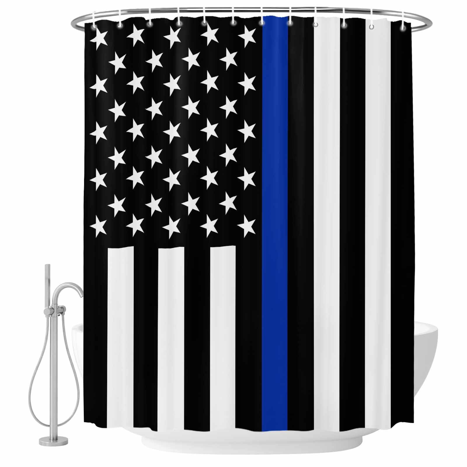 Blue Line American Flag Bathroom Shower Curtains with Hooks, White ...
