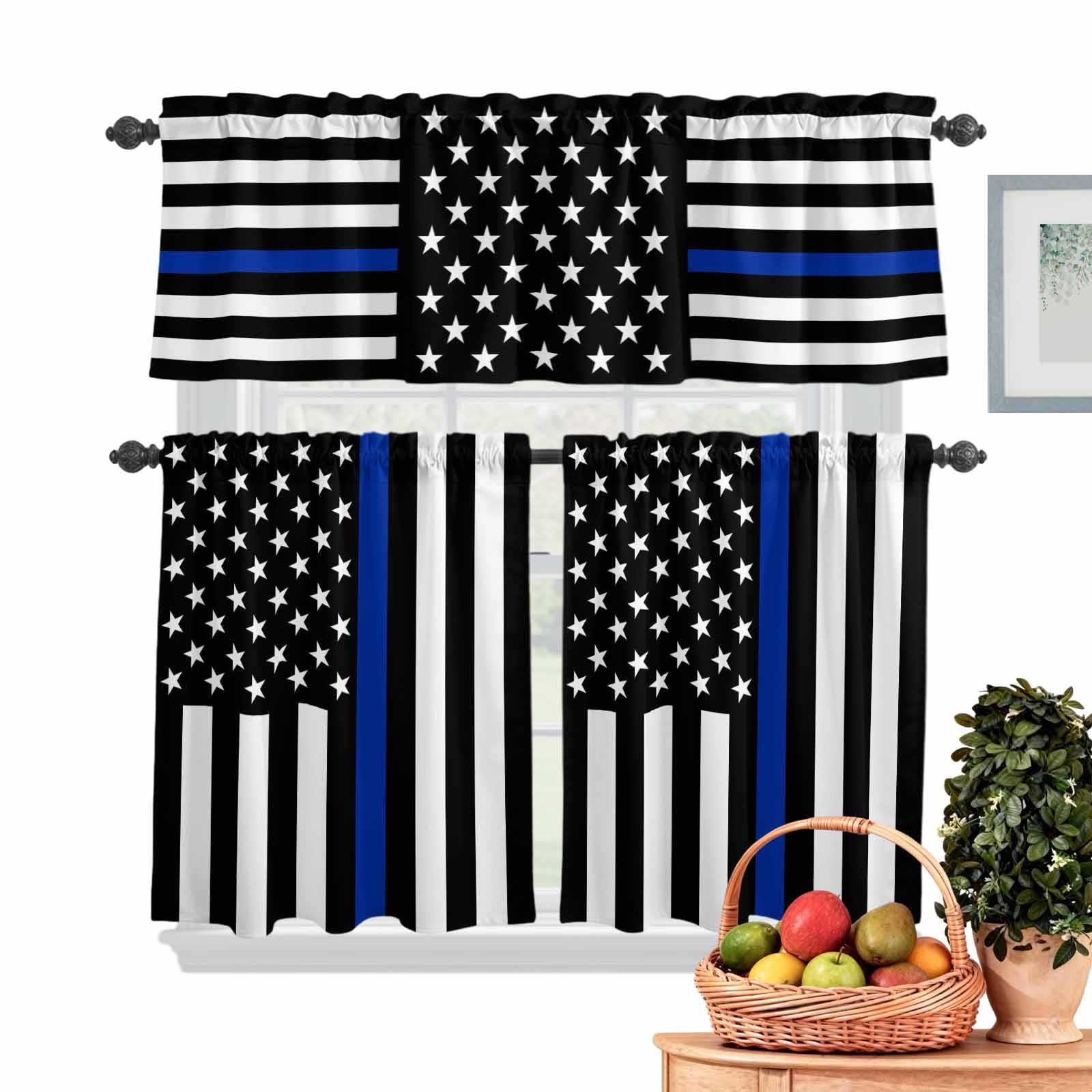 Blue Line American Flag Kitchen Curtains Valances 3 Piece Set, White ...