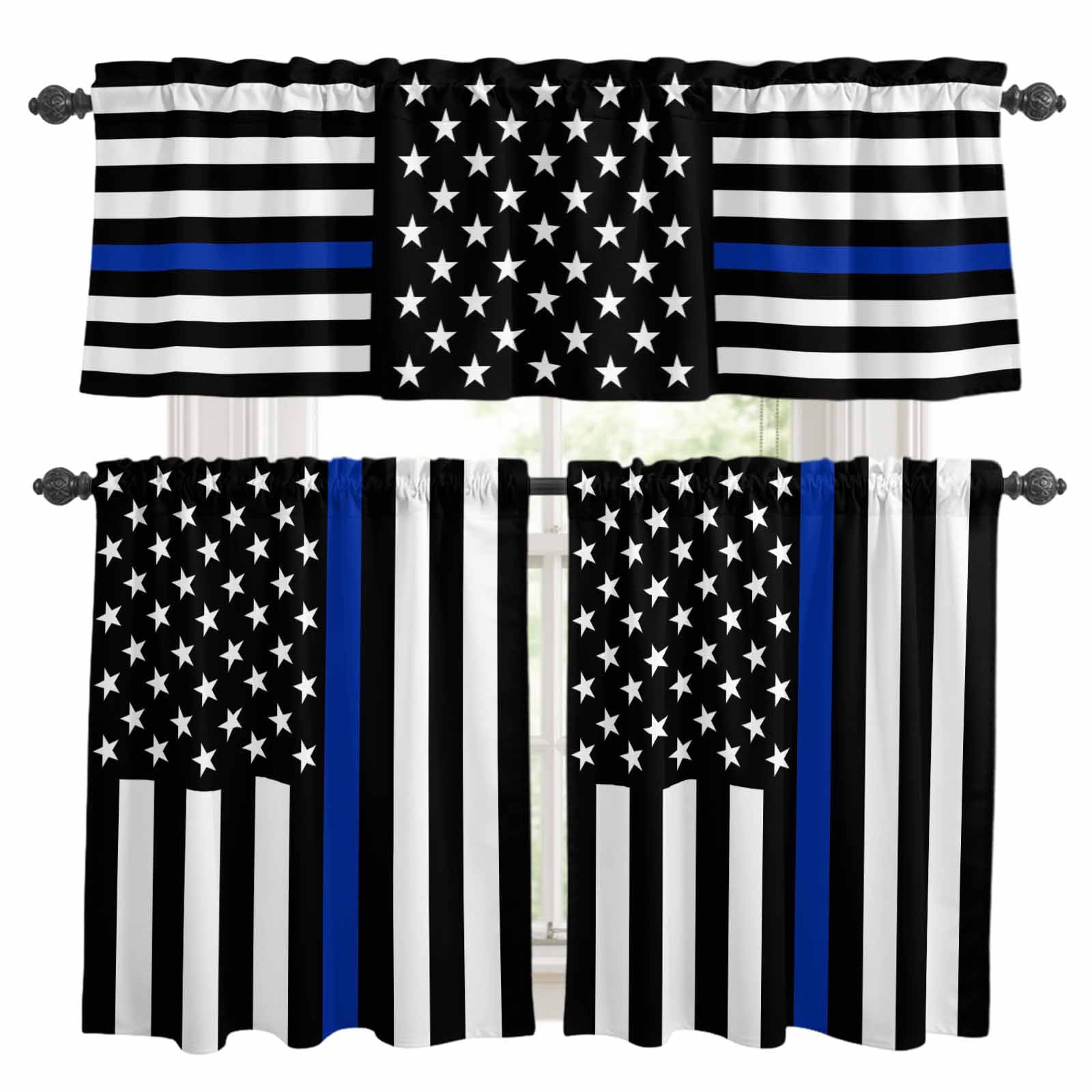 Blue Line American Flag Kitchen Curtains and Valances Set, White Black ...