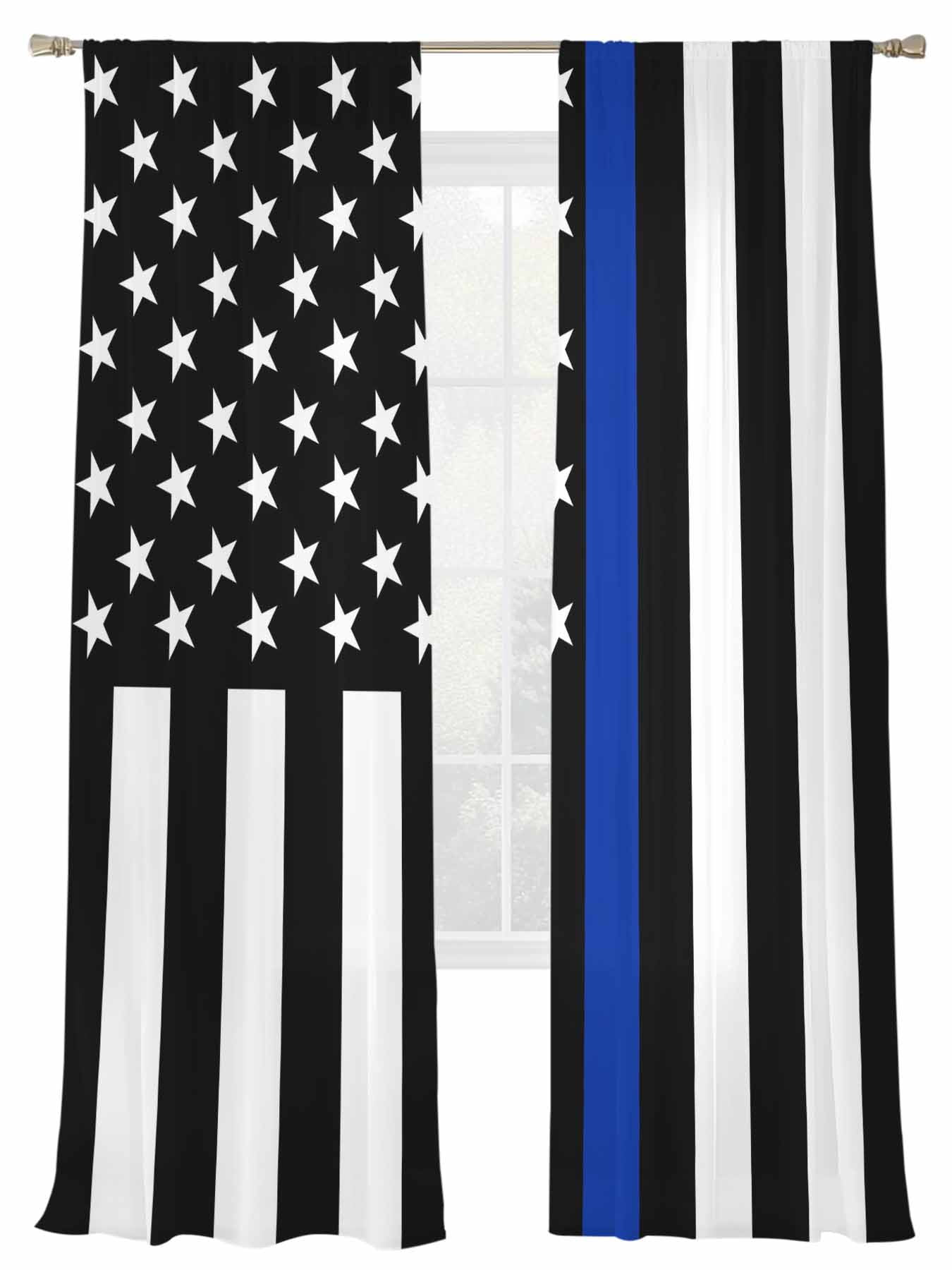 Blue Line American Flag Sheer Curtains 96 Inch Long 2 Panels, White ...