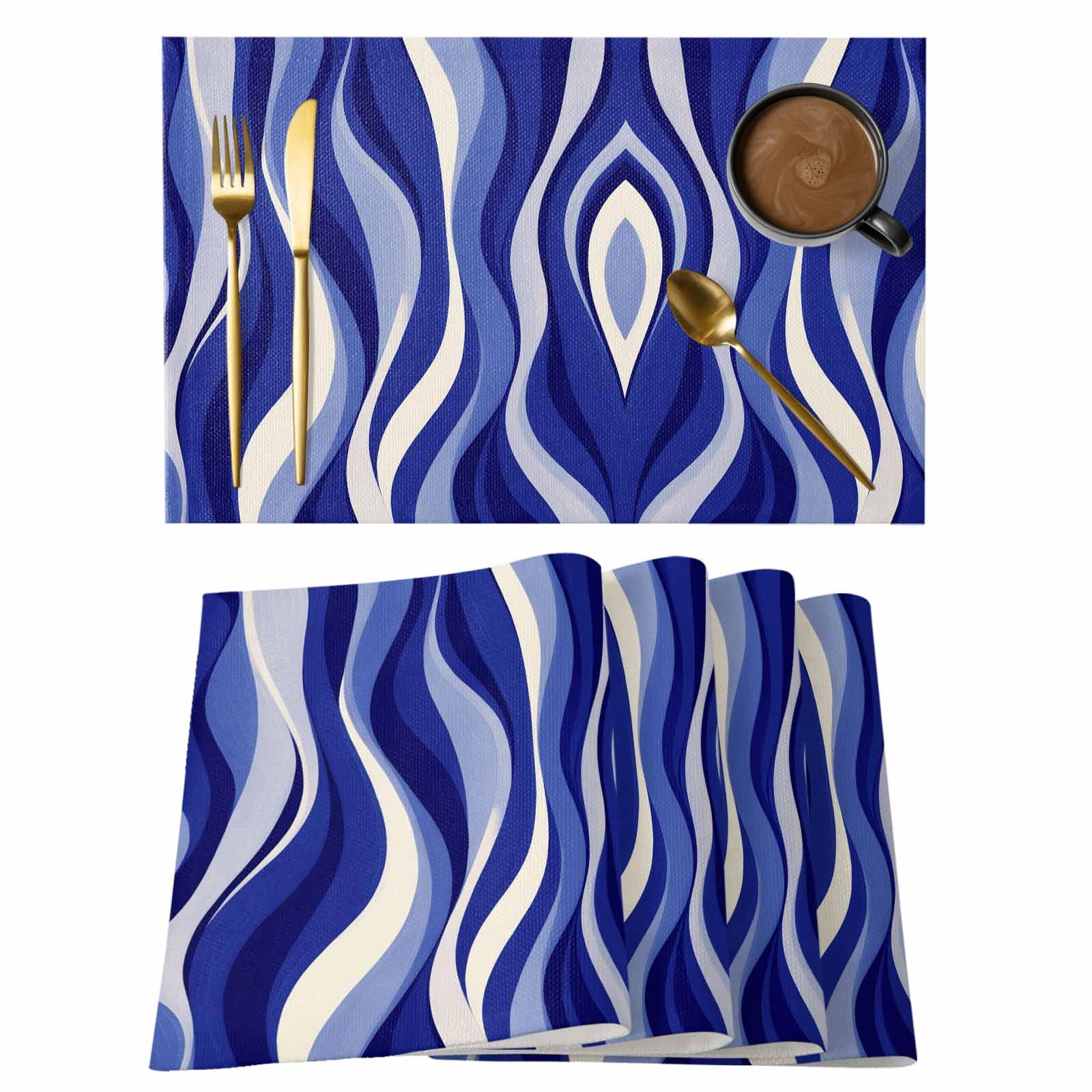 Blue Line Cotton Linen Placemats Set of 8, Gradient Abstract Twisted ...