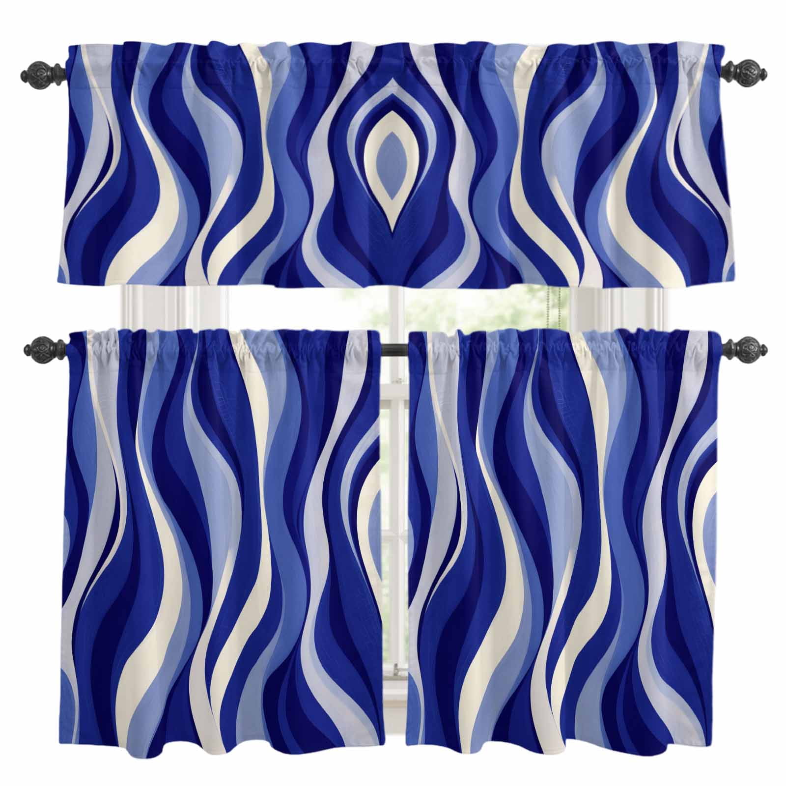 Blue Line Curtain Valances Set Gradient Abstract Twisted Wave Kitchen ...