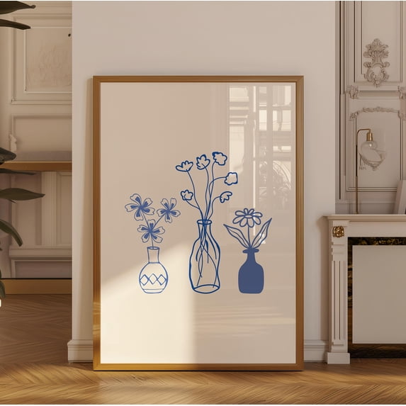 Blue Line Flower Vases Wall Art Monochrome Botanical Print Line Drawing ...