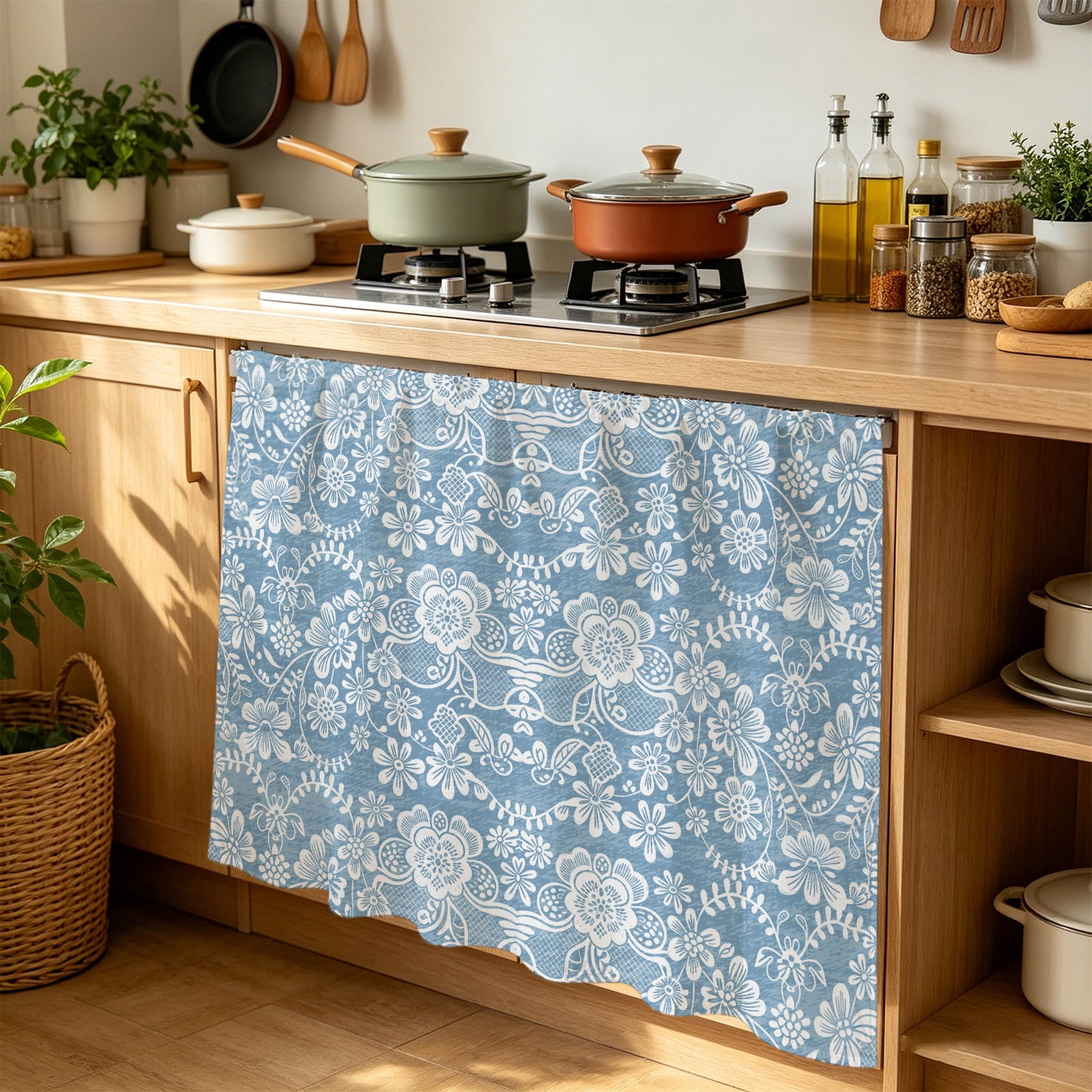 Blue Line Flowers Cabinet Curtains for Kitchen 35"W x 35"L, French ...
