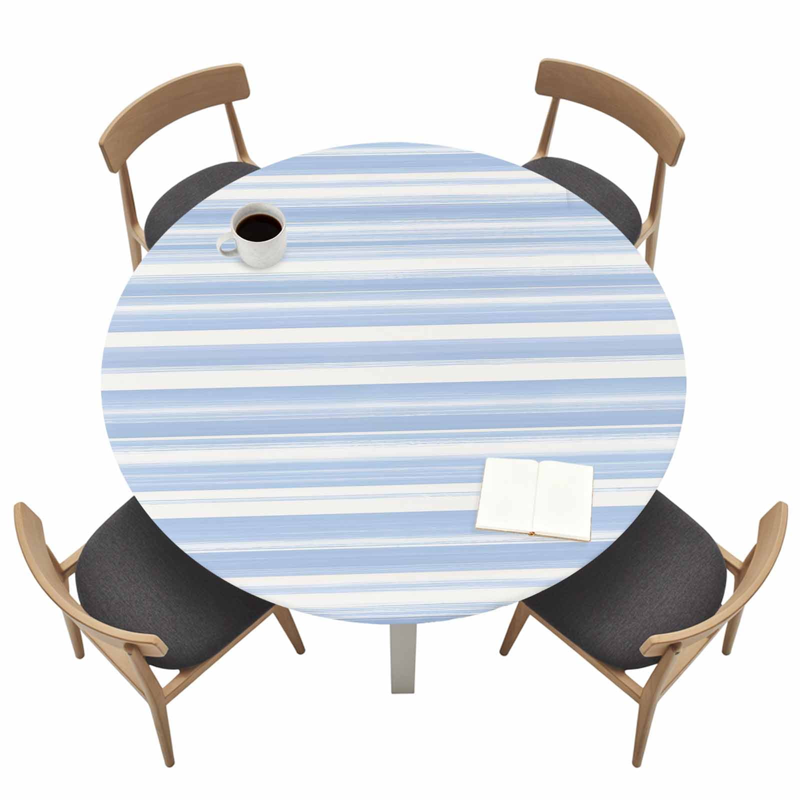 Blue Line Round Fitted Tablecloth with Elastic Edge Watercolor Striped ...