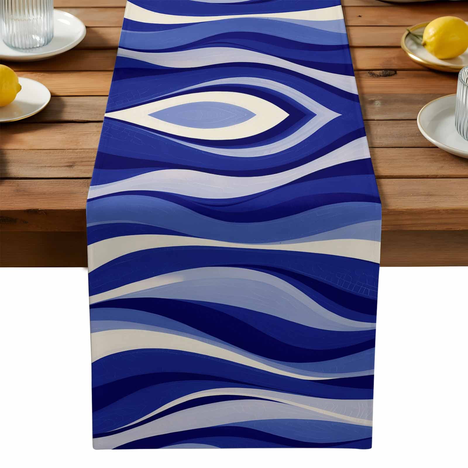 Blue Line Table Runner, Gradient Abstract Twisted Wave Kitchen Table ...