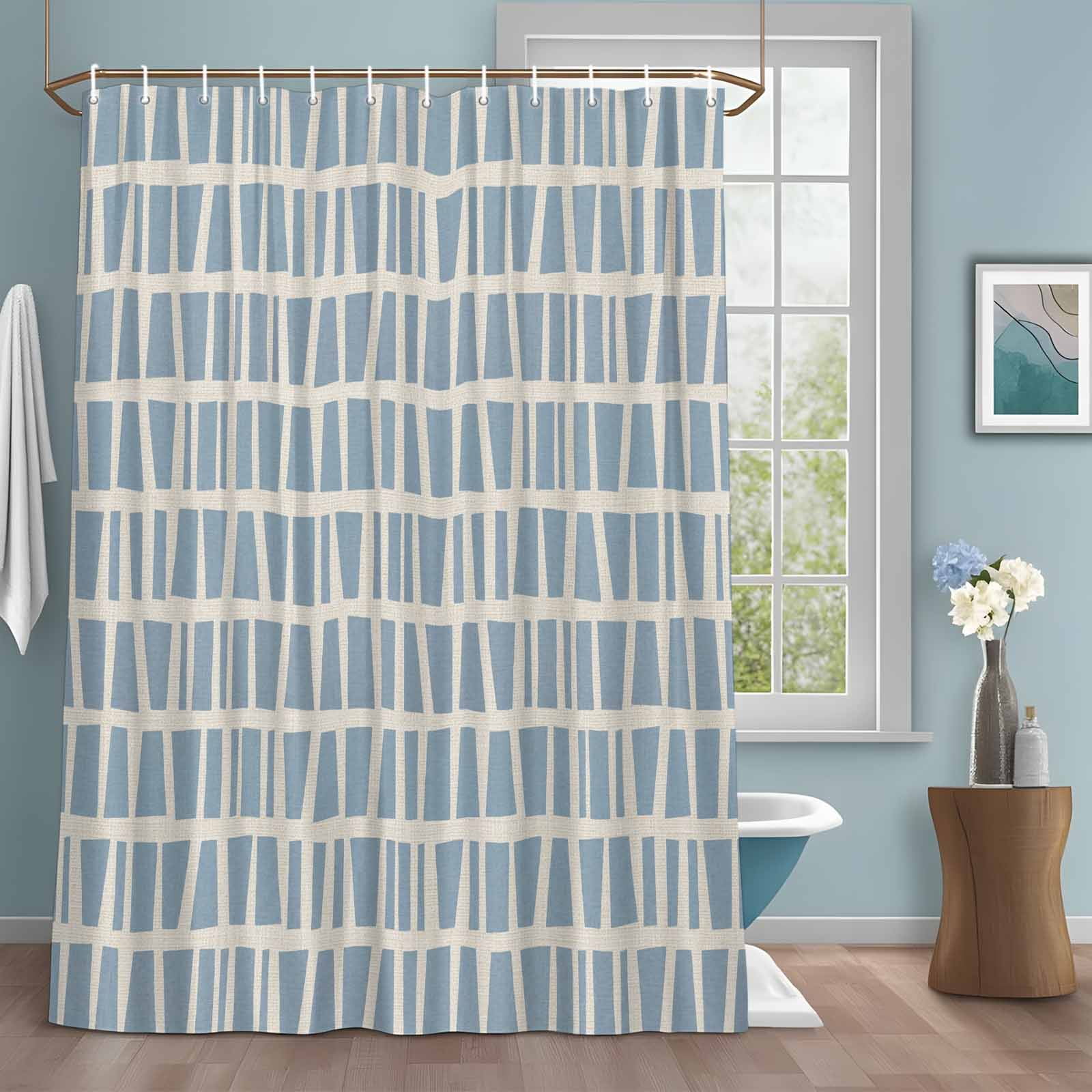 Blue Linear Checkered Shower Curtain with Hooks, Modern Abstract ...