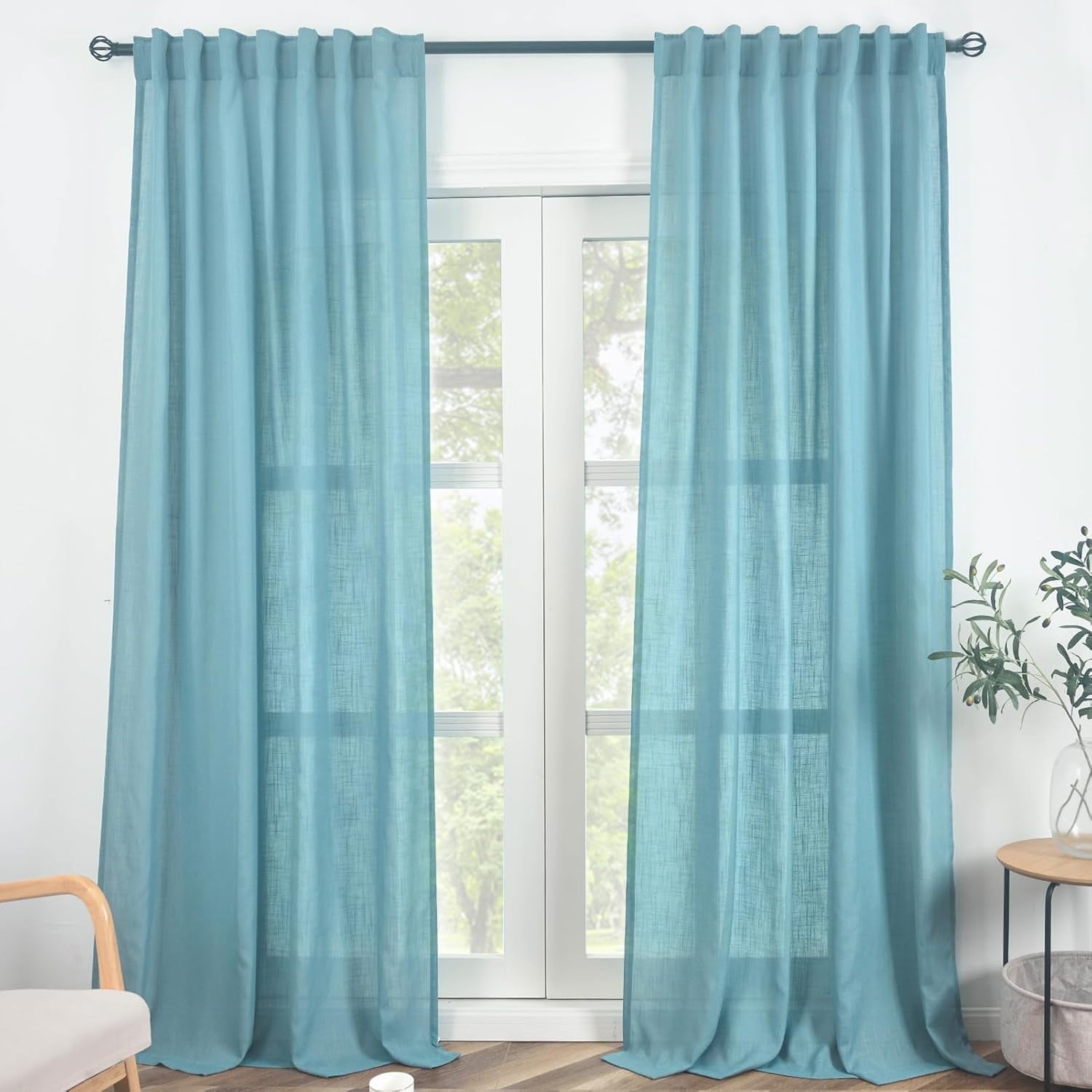 Blue Linen Curtains 84 Inch Length for Living Room 2 Panels Set, Rod ...