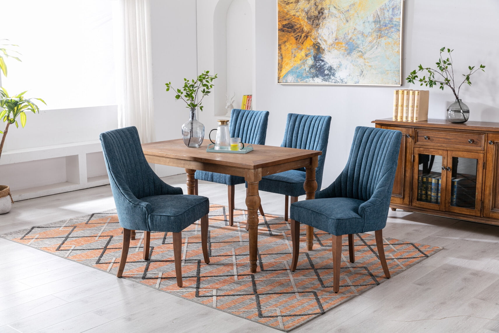 Blue Linen Fabric Dining Chairs Set of 2, High Back Kitchen Chairs with ...