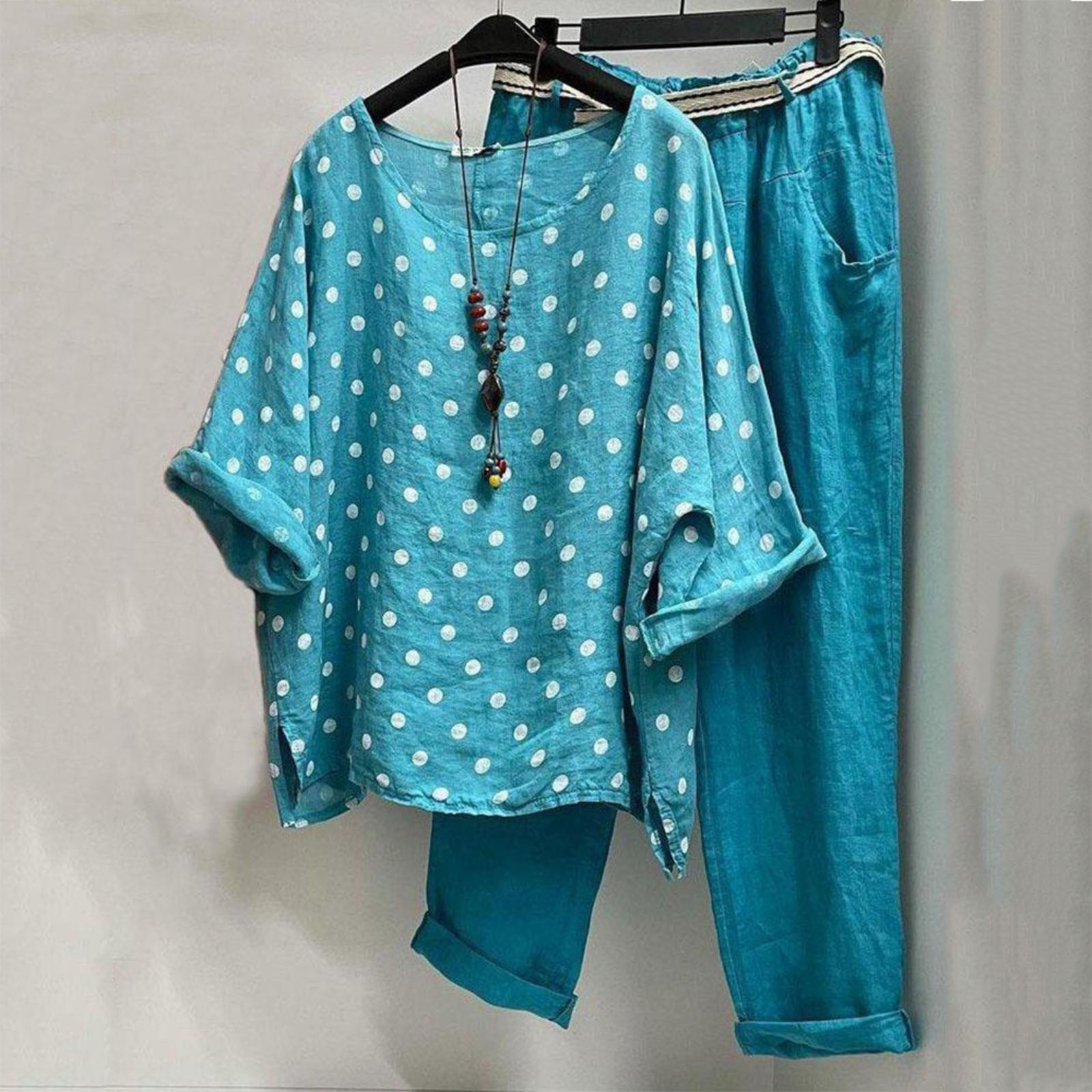 Blue Linen Layered Look Floral Printed Below The Knee Women's Trousers ...