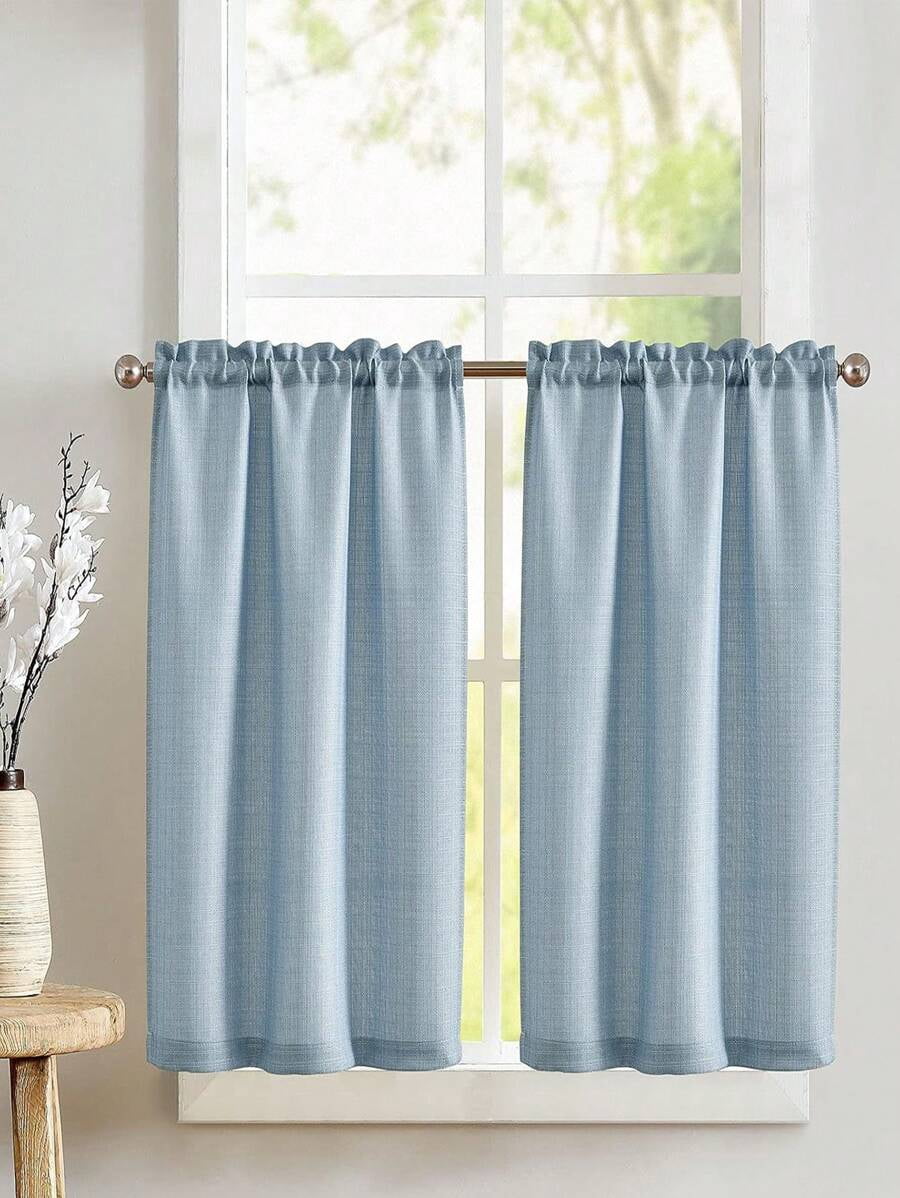 Blue Linen-Like Solid Short Kitchen Curtain, 230g/ ㎡ Lightweight Sheer ...