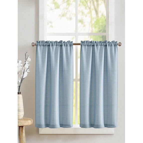 Blue Linen-Like Solid Short Kitchen Curtain, 230g/ ㎡ Lightweight Sheer ...