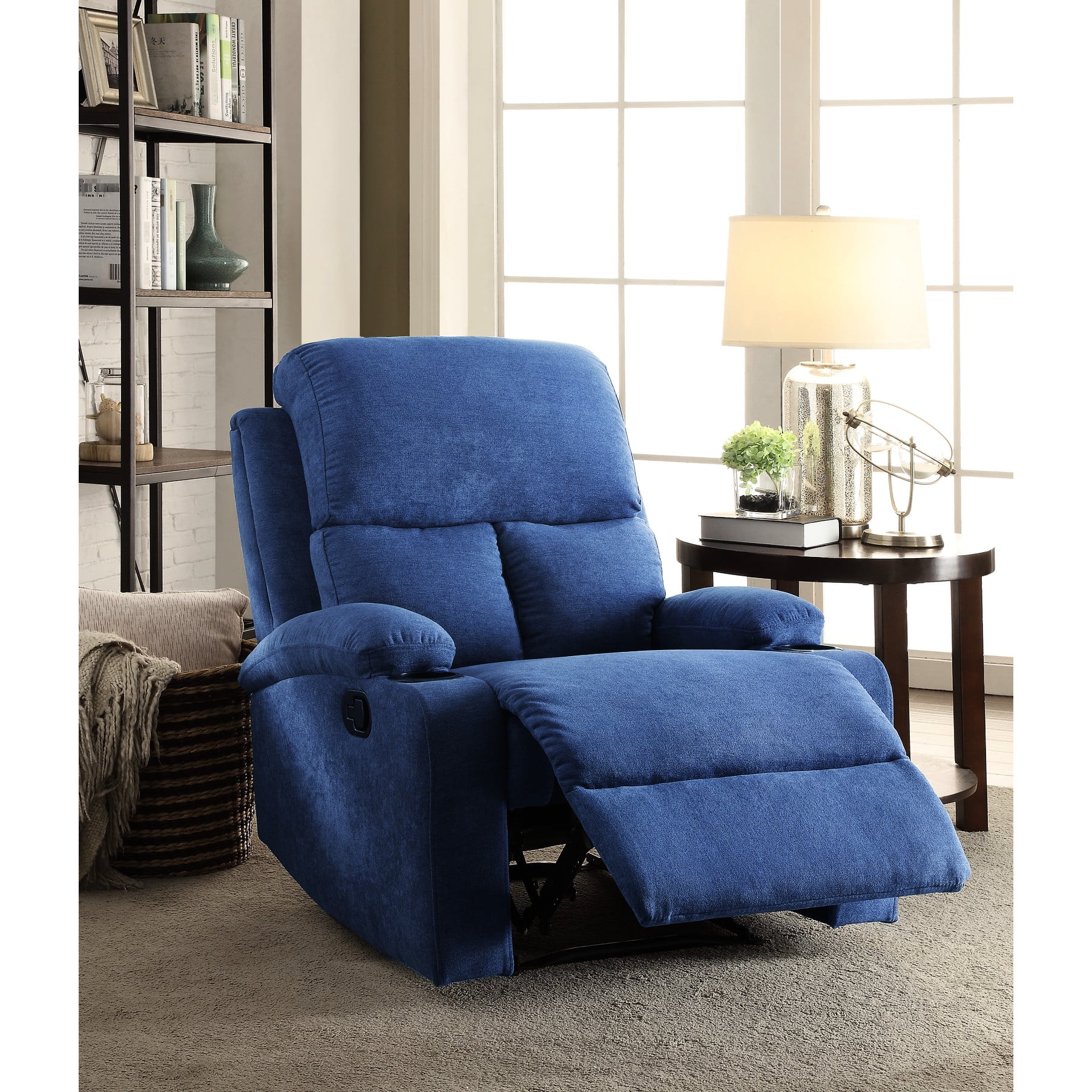 Blue Linen Recliner With Supportive Seat Cushions And Metal Frame Base ...