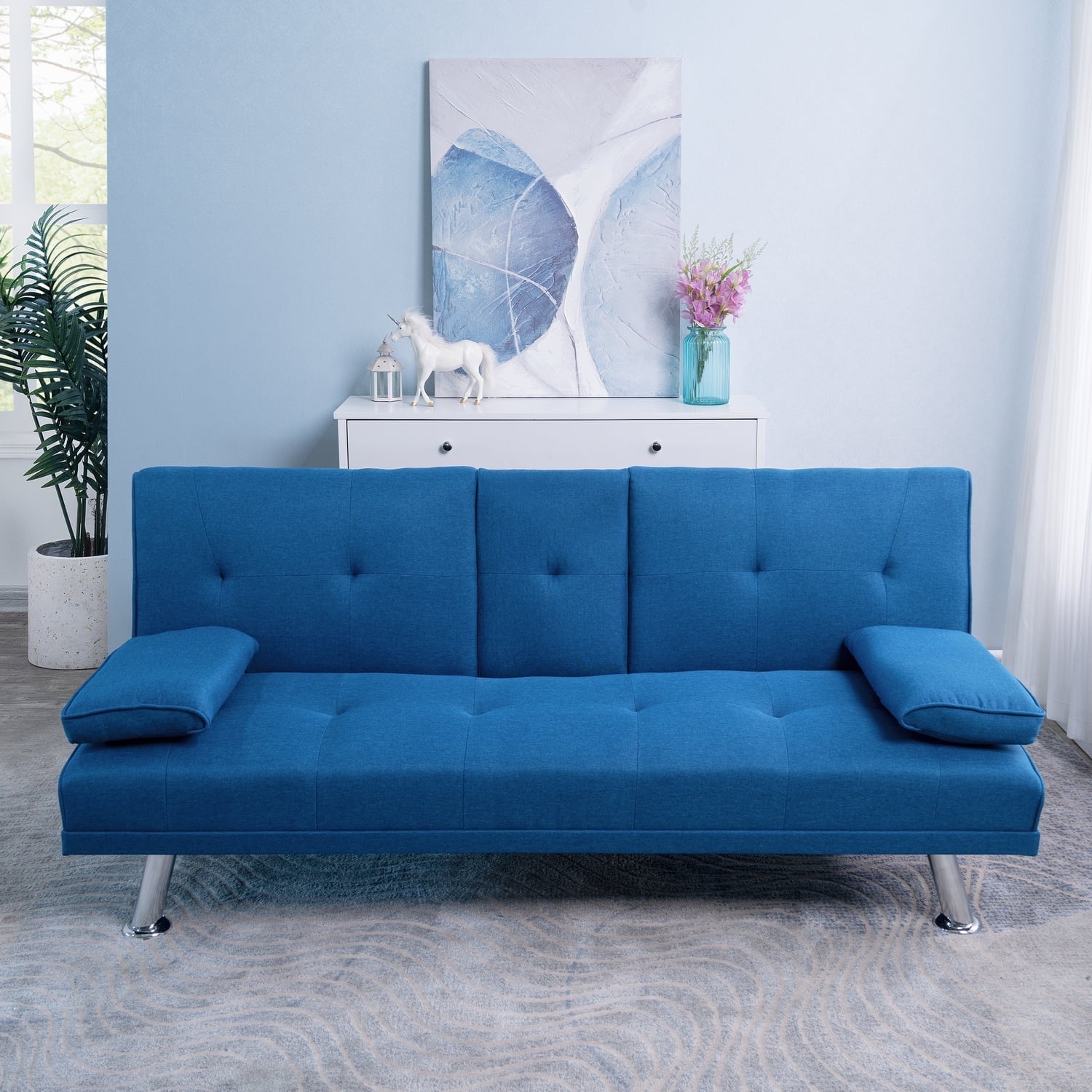 Blue, Linen Stylish Linen Futon with Cup Holders Versatile Couch Bed ...