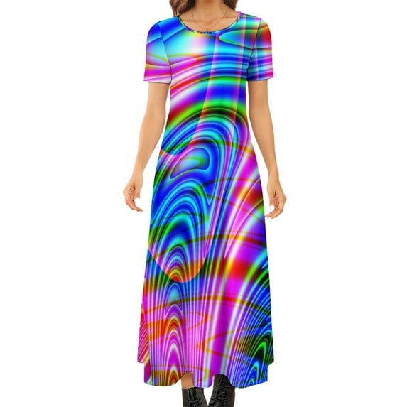 Blue Lines Dress Abstract Print Elegant Maxi Dress Female Short Sleeve Street Fashion Bohemia ...