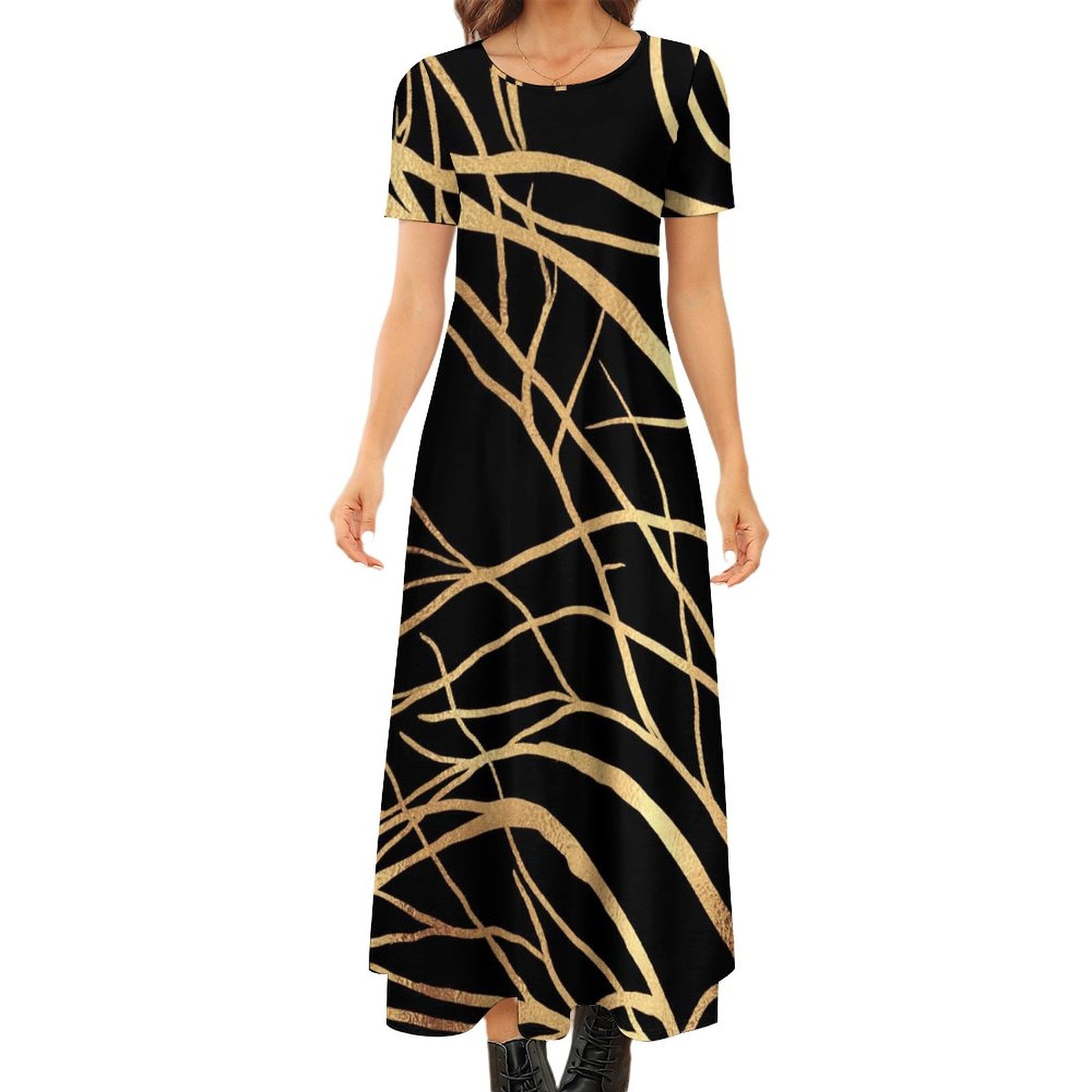 Blue Lines Dress Abstract Print Elegant Maxi Dress Female Short Sleeve Street Fashion Bohemia ...