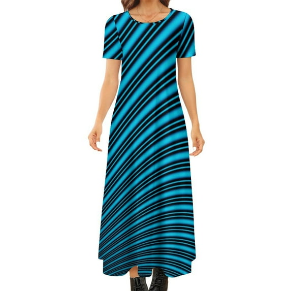 Blue Lines Dress Abstract Print Elegant Maxi Dress Female Short Sleeve ...