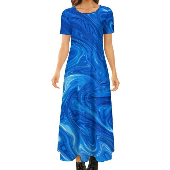 Blue Lines Dress Abstract Print Elegant Maxi Dress Female Short Sleeve ...