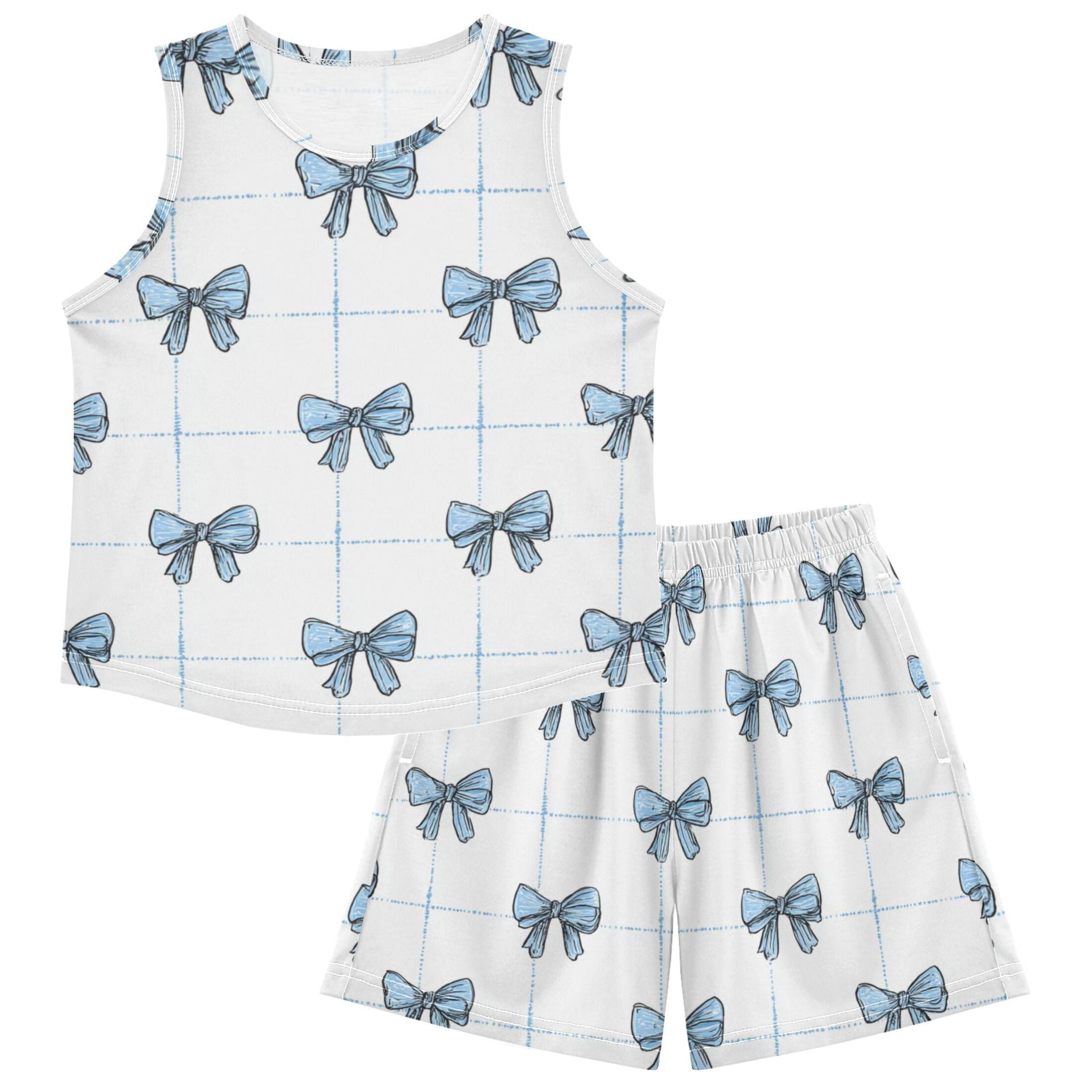 Blue Lines Plaids Bows Pajamas Set Sleeveless Sleepwear Tank Tops with ...