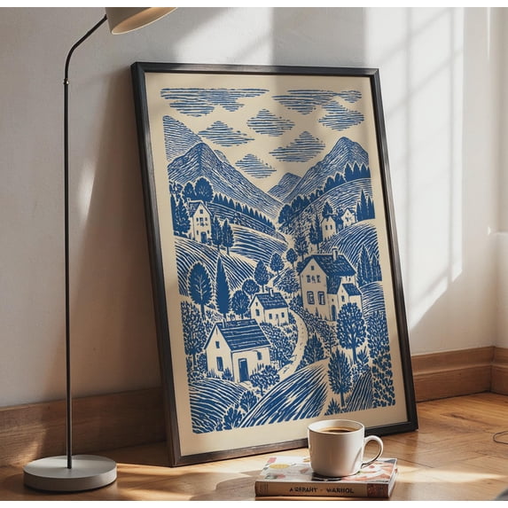 Blue Linocut Blue Mountain Landscape Rustic Nature Countryside Home ...
