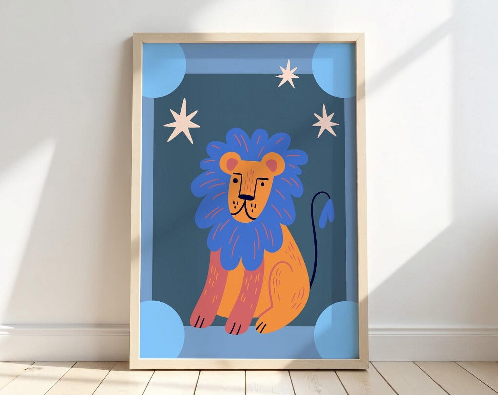 Blue Lion Art Print For Kids - Whimsical And Bold Nursery Decor - Fun ...