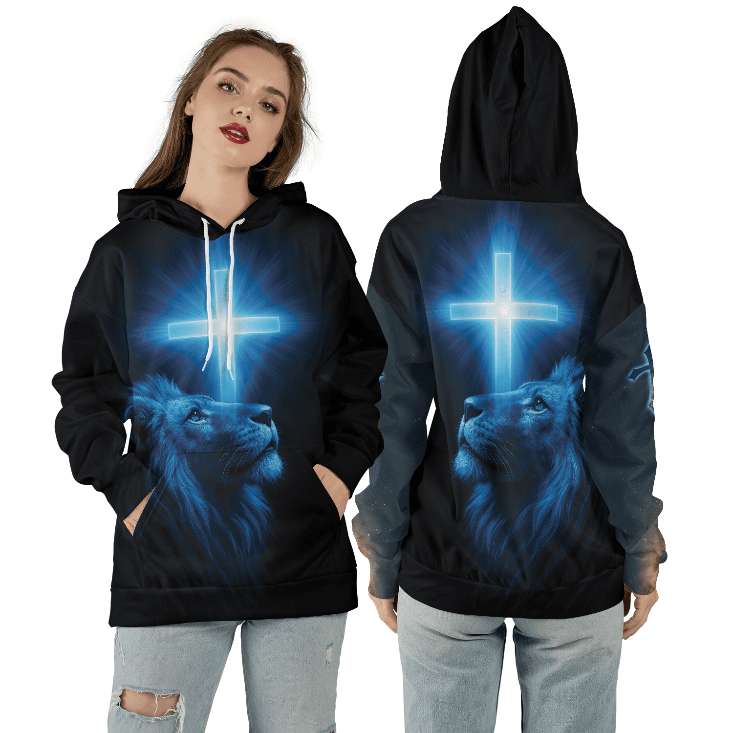 Blue Lion Christian 3D Hoodie, Jesus Cross Religious Faith 3D Hooded ...