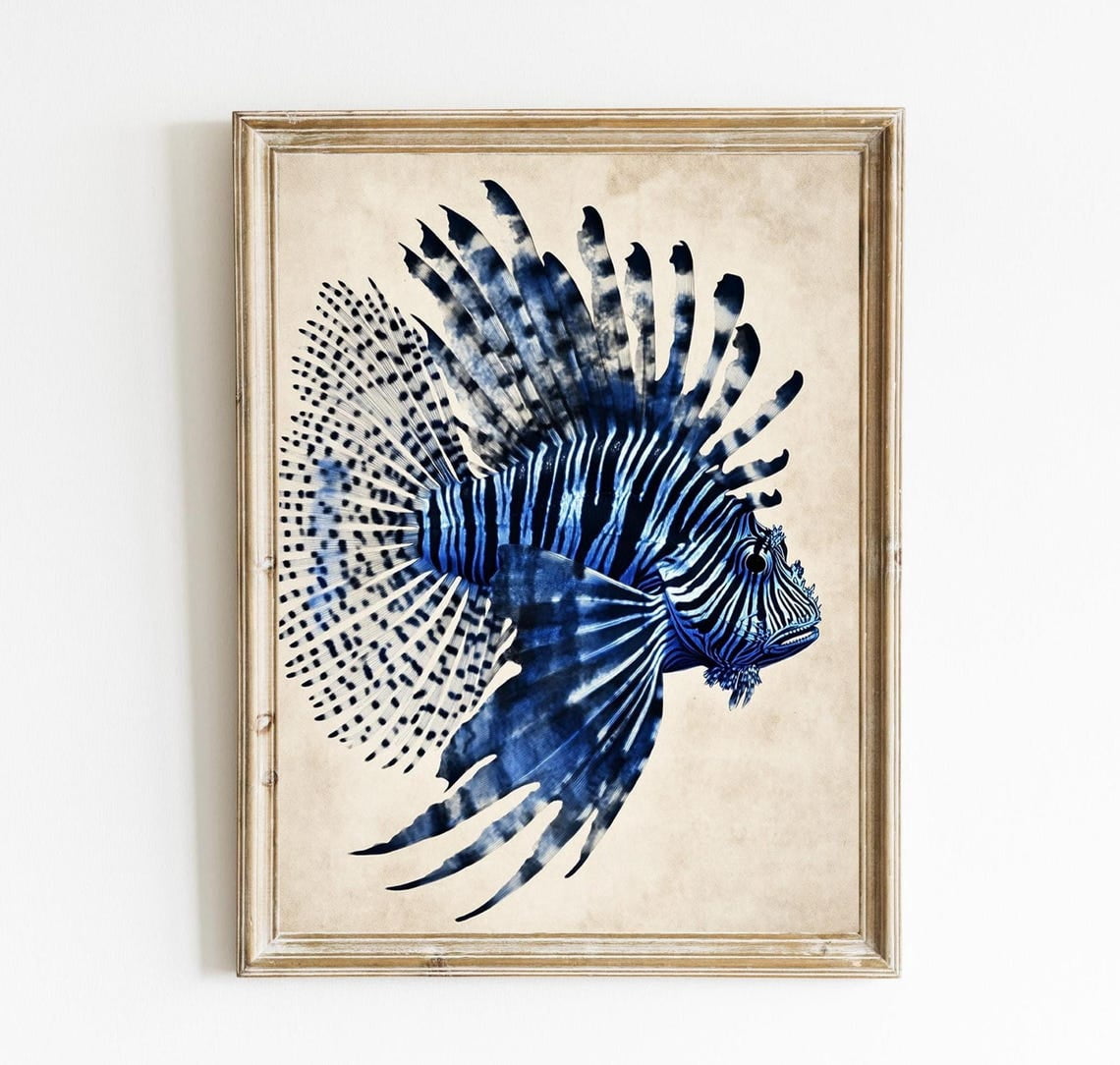 Blue Lionfish Print Poster Nautical Art Print Poster Beach House Wall ...