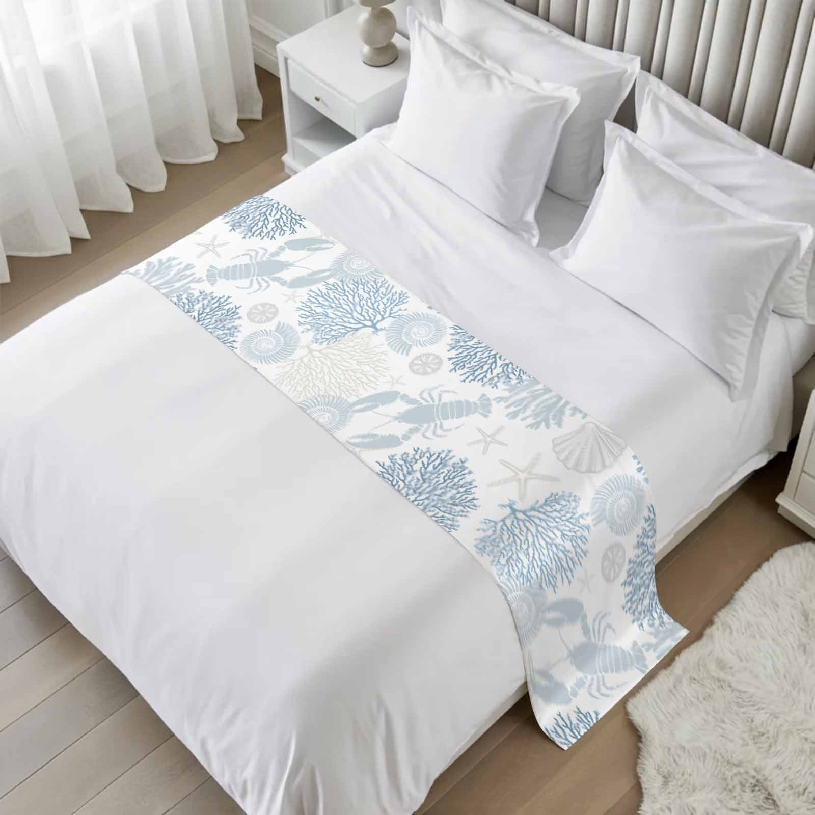 Blue Lobster Bed Runner Scarf, Ocean Starfish Coral Shell Marine Life ...
