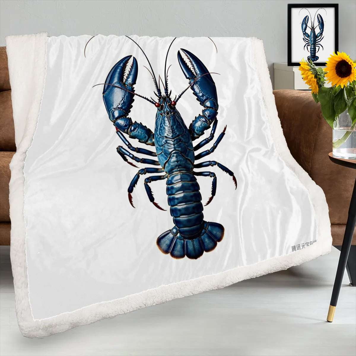 Blue Lobster Illustration Sherpa Blanket Throw Blanket For Bed Chair ...