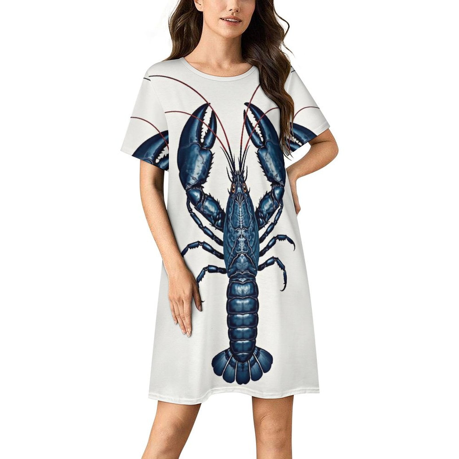Blue Lobster Illustration Women Nightgown Sleepwear Short Sleeves For ...